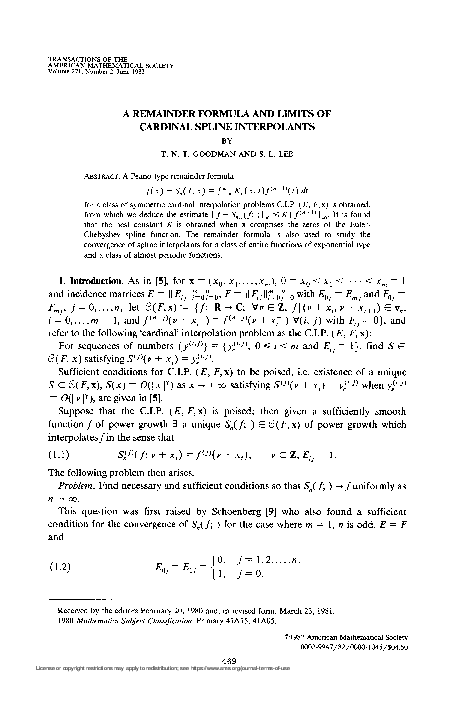(PDF) A remainder formula and limits of cardinal spline interpolants