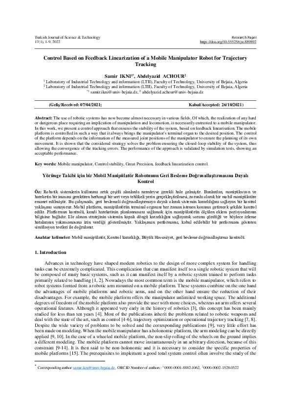 Pdf Feedback Linearization For Mobile Manipulator Control