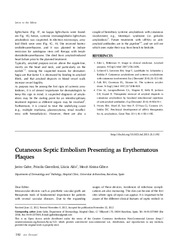 (PDF) Cutaneous Septic Embolism Presenting as Erythematous Plaques