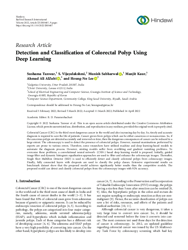 Pdf Detection And Classification Of Colorectal Polyp Using Deep Learning