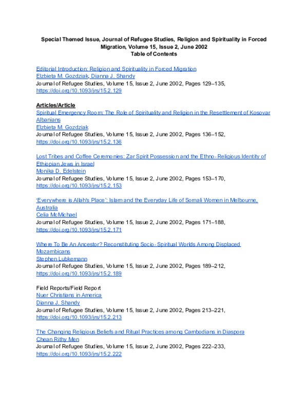 (PDF) Religion and Spirituality in Forced Migration , a themed issue of ...