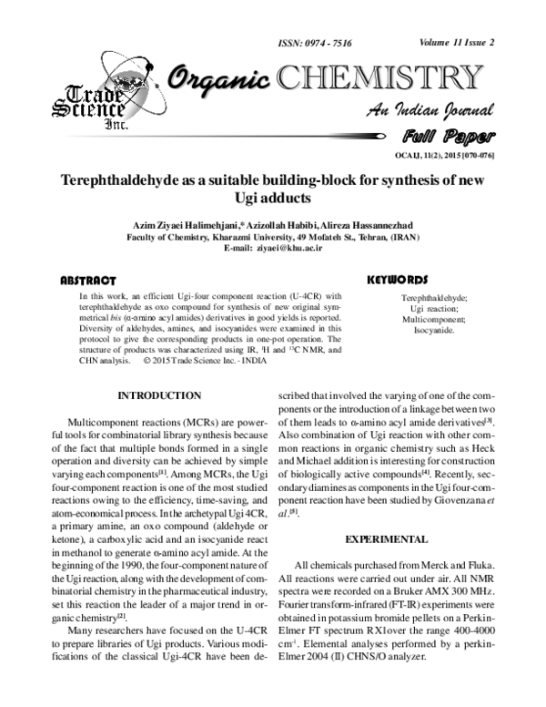 (PDF) Terephthaldehyde as a suitable building-block for synthesis of ...