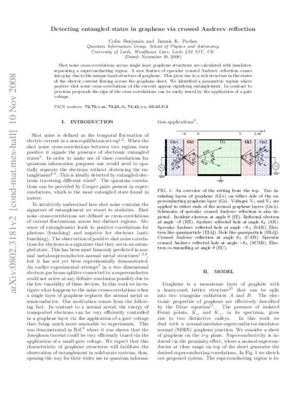 Pdf Detecting Entangled States In Graphene Via Crossed Andreev Reflection Colin Benjamin