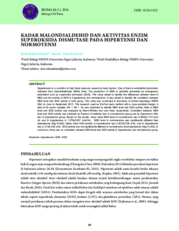 (PDF) Kadar Malondialdehid Dan Aktivitas Enzim Superoksida Dismutase ...