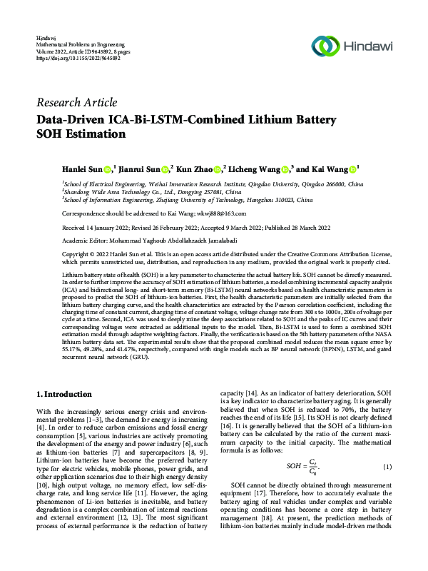 Pdf Data Driven Ica Bi Lstm Combined Lithium Battery Soh Estimation