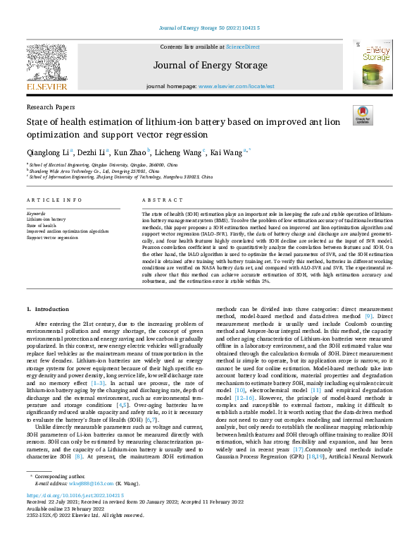 Pdf State Of Health Estimation Of Lithium Ion Battery Based On