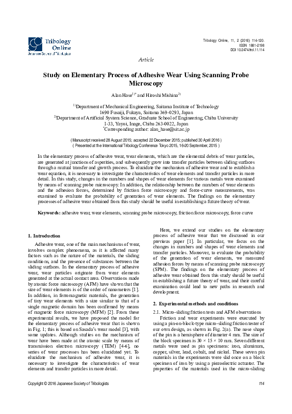 (PDF) Study on Elementary Process of Adhesive Wear Using Scanning Probe ...
