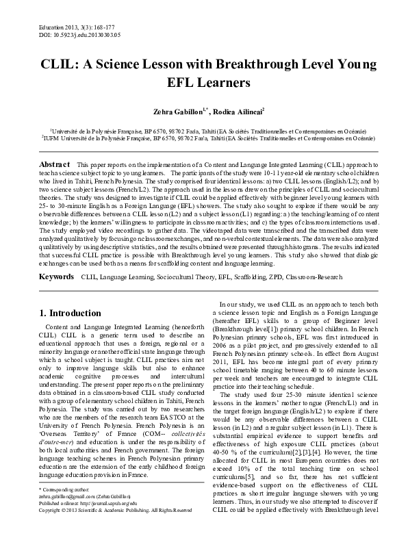 (PDF) CLIL: A Science Lesson with Breakthrough Level Young EFL Learners