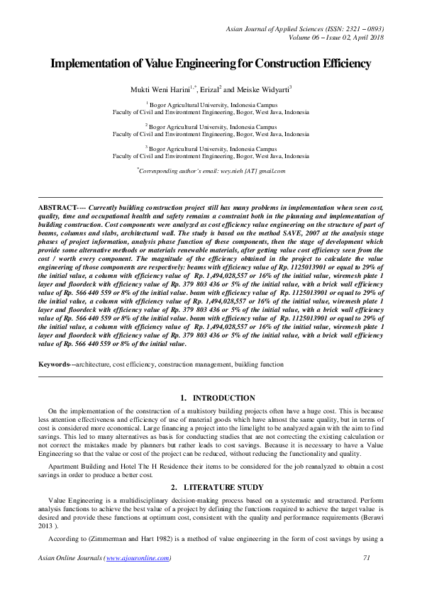 (PDF) Implementation of Value Engineering for Construction Efficiency