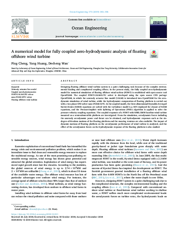 Pdf A Numerical Model For Fully Coupled Aero Hydrodynamic Analysis Of