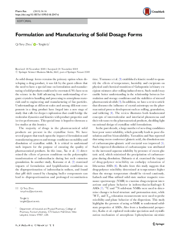 (PDF) Formulation and Manufacturing of Solid Dosage Forms