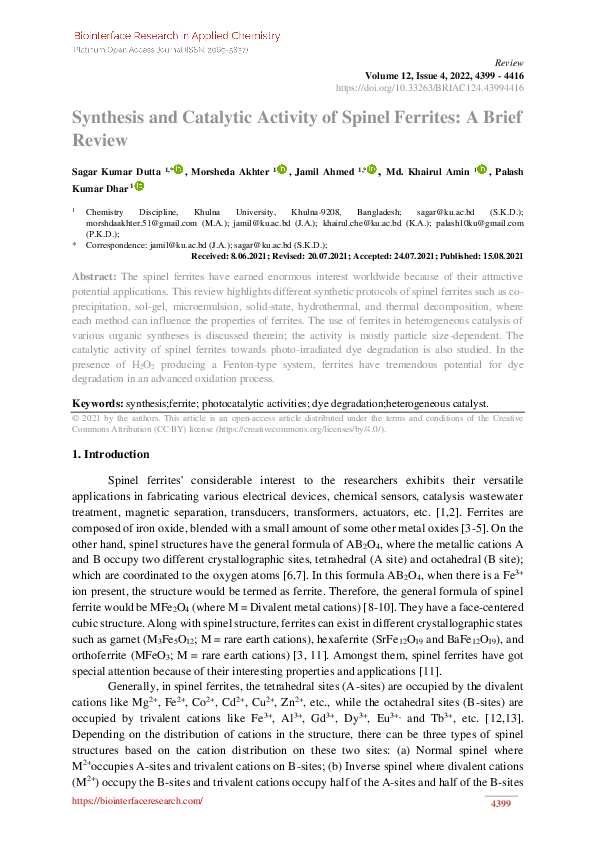 (PDF) Synthesis and Catalytic Activity of Spinel Ferrites: A Brief Review