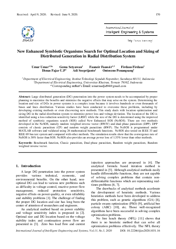 (PDF) New Enhanced Symbiotic Organisms Search for Optimal Location and Sizing of Distributed ...
