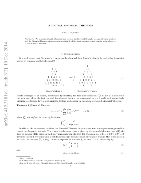 (PDF) A Digital Binomial Theorem