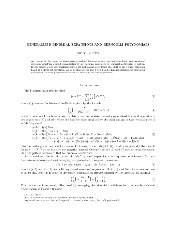 (PDF) Generalized Binomial Expansions and Bernoulli Polynomials