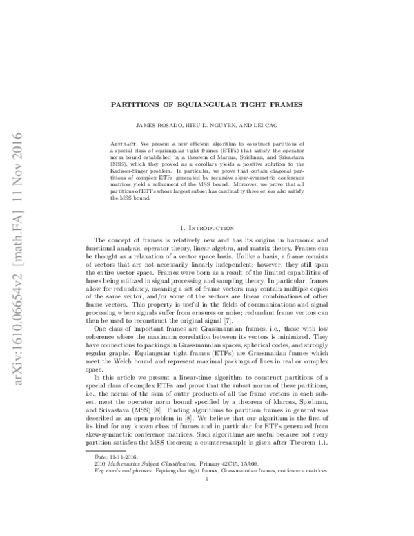 (PDF) Partitions of equiangular tight frames
