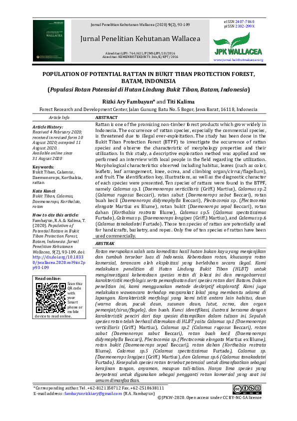 (PDF) Population of Potential Rattan in Bukit Tiban Protection Forest ...
