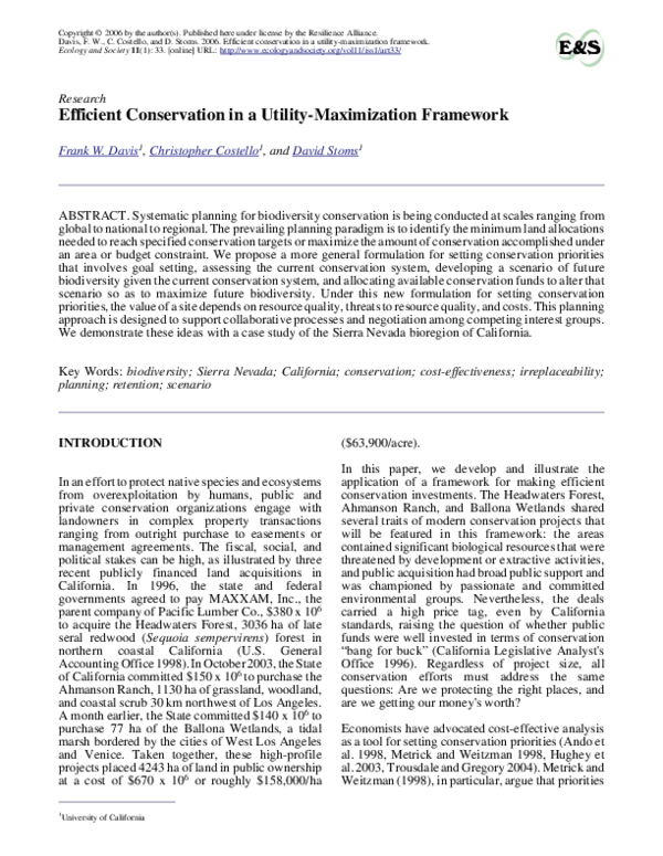Pdf Efficient Conservation In A Utility Maximization Framework Frank Davis