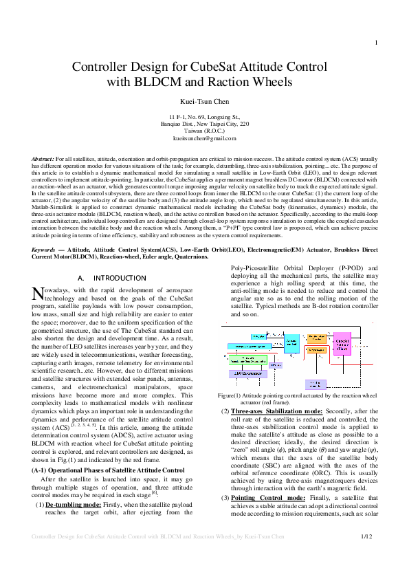 (PDF) Controller Design for CubeSat Attitude Control with BLDCM and ...