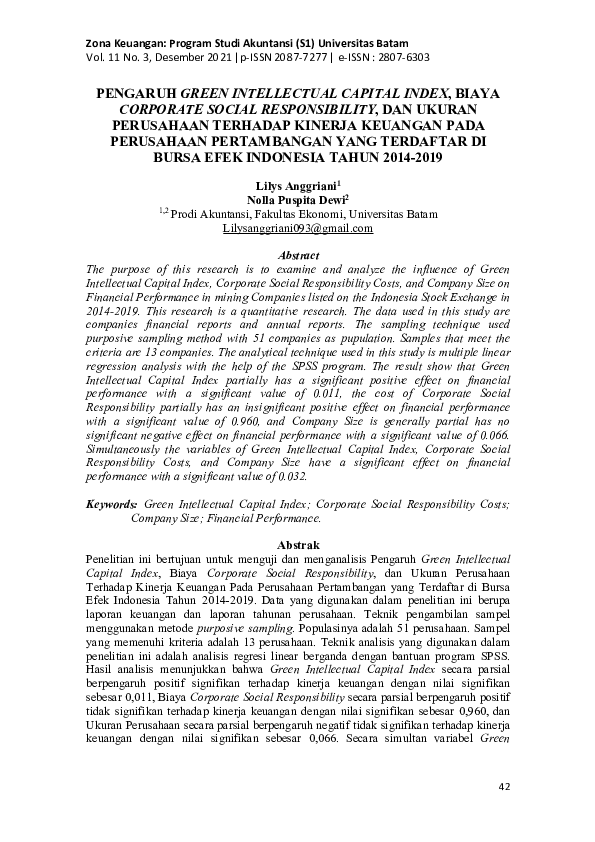 (PDF) Pengaruh Green Intellectual Capital Index, Biaya Corporate Social Responsibility, Dan ...