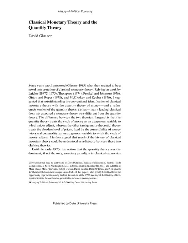 (PDF) Classical Monetary Theory and the Quantity Theory