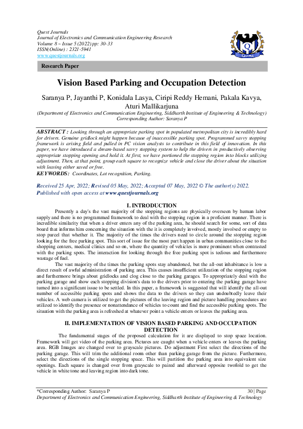 (PDF) Vision Based Parking and Occupation Detection
