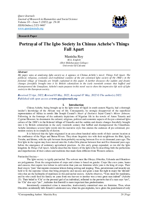 (PDF) Portrayal of The Igbo Society In Chinua Achebe's Things Fall Apart