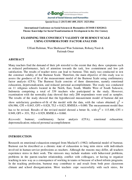 (PDF) Examining the Construct Validity of Burnout Scale Using Confirmatory Factor Analysis