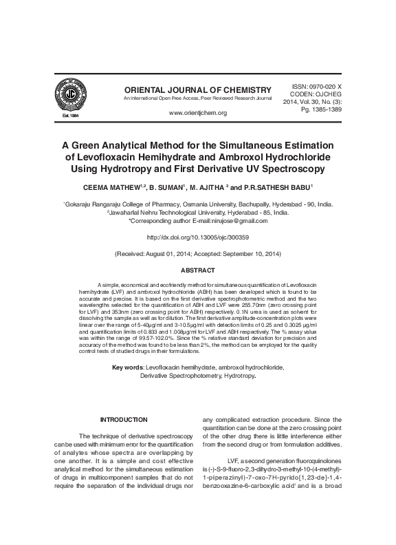 Pdf A Green Analytical Method For The Simultaneous Estimation Of Levofloxacin Hemihydrate And