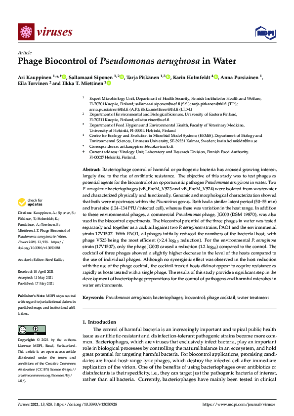 (PDF) Phage Biocontrol of Pseudomonas aeruginosa in Water
