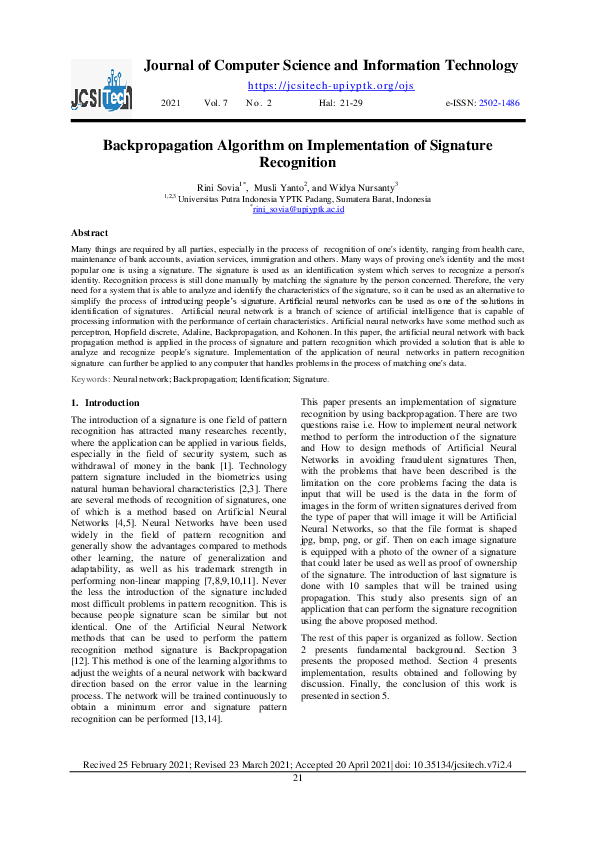 (PDF) Backpropagation Algorithm on Implementation of Signature Recognition