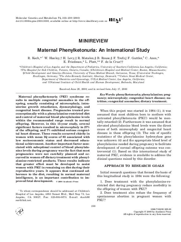 (PDF) Maternal Phenylketonuria: An International Study | Lawrence Platt ...