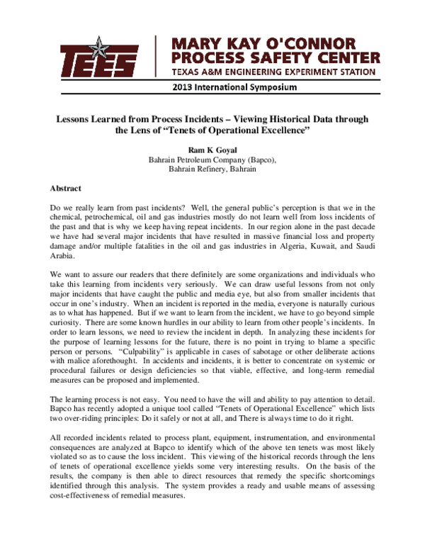 (PDF) Lessons learned from process incidents - viewing historical data ...