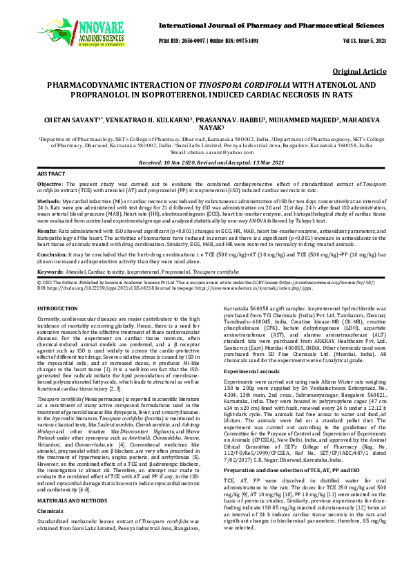 (PDF) Pharmacodynamic Interaction of Tinospora Cordifolia with Atenolol and Propranolol in ...