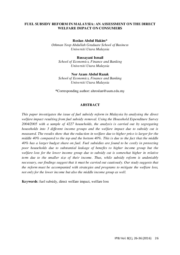 (PDF) Fuel subsidy reform in Malaysia: An assessment on the direct welfare impact on consumers