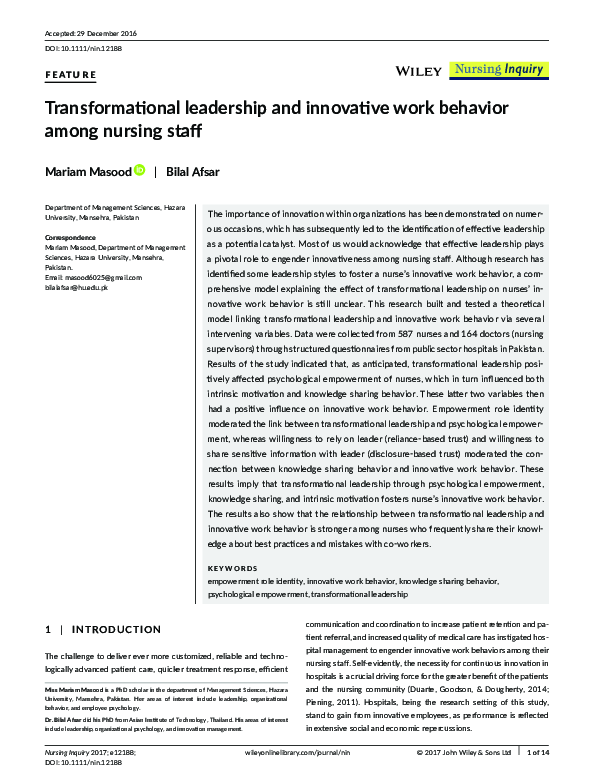 (PDF) Transformational leadership and innovative work behavior in three-star hotels: mediating ...