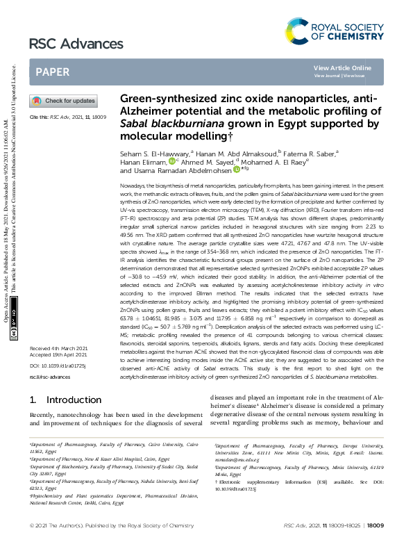 (PDF) Green-synthesized zinc oxide nanoparticles, anti-Alzheimer potential and the metabolic ...
