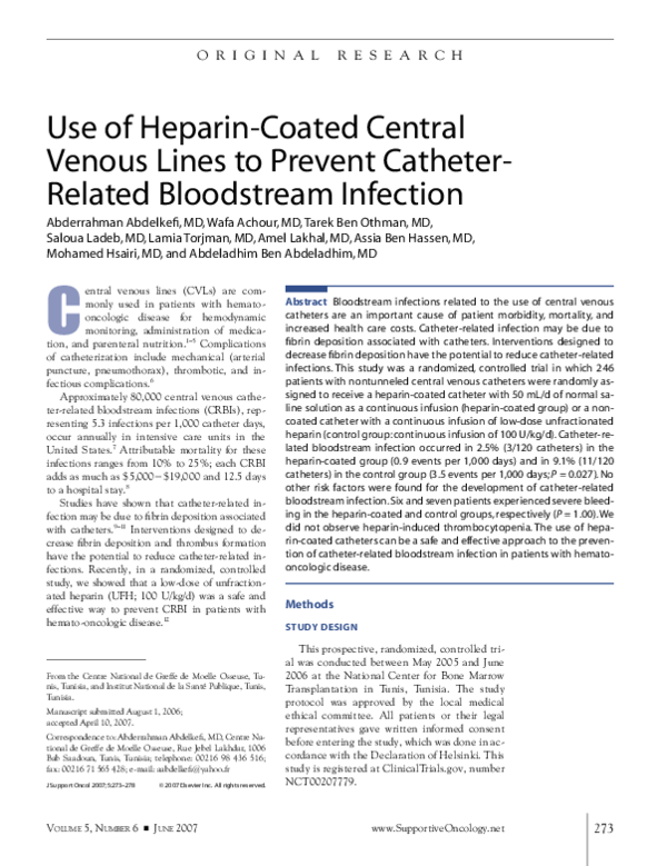 (PDF) Use of heparin-coated central venous lines to prevent catheter ...