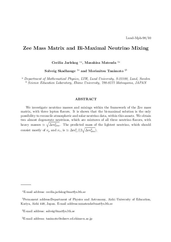 (PDF) Zee mass matrix and bi-maximal neutrino mixing