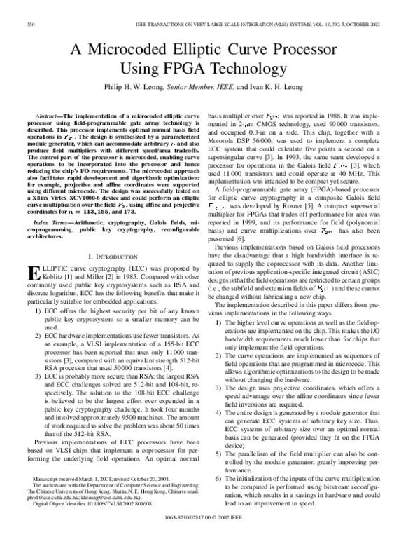Pdf A Microcoded Elliptic Curve Processor Using Fpga Technology