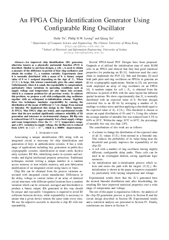 (PDF) An FPGA Chip Identification Generator Using Configurable Ring Oscillators