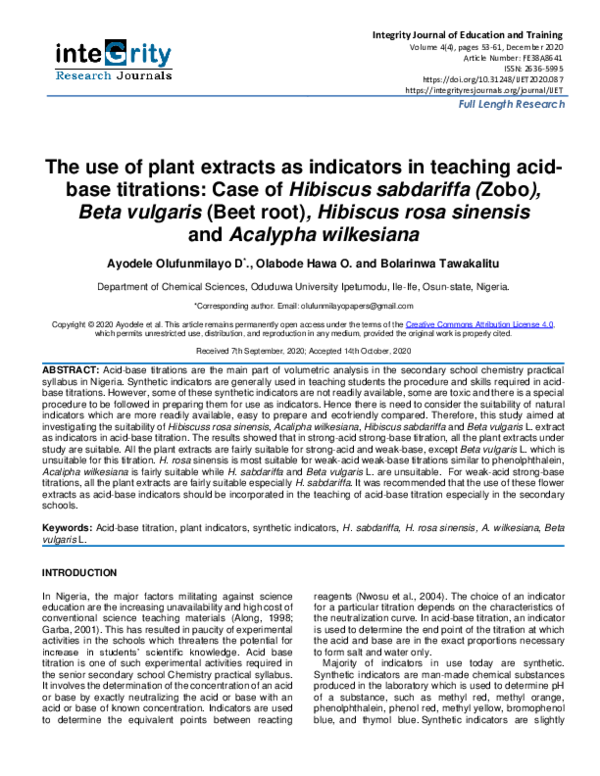 (PDF) The use of plant extracts as indicators in teaching acid-base titrations: Case of Hibiscus ...