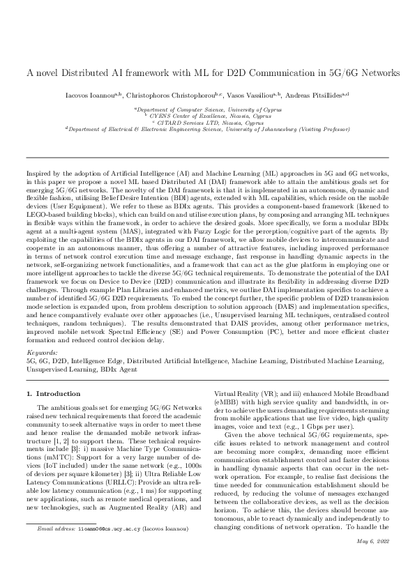 (PDF) A novel Distributed AI framework with ML for D2D Communication in 5G/6G Networks | Iacovos ...