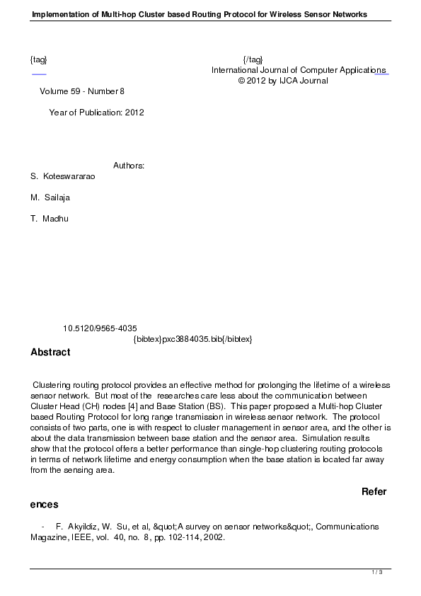 (PDF) Implementation of Multi-hop Cluster based Routing Protocol for Wireless Sensor Networks