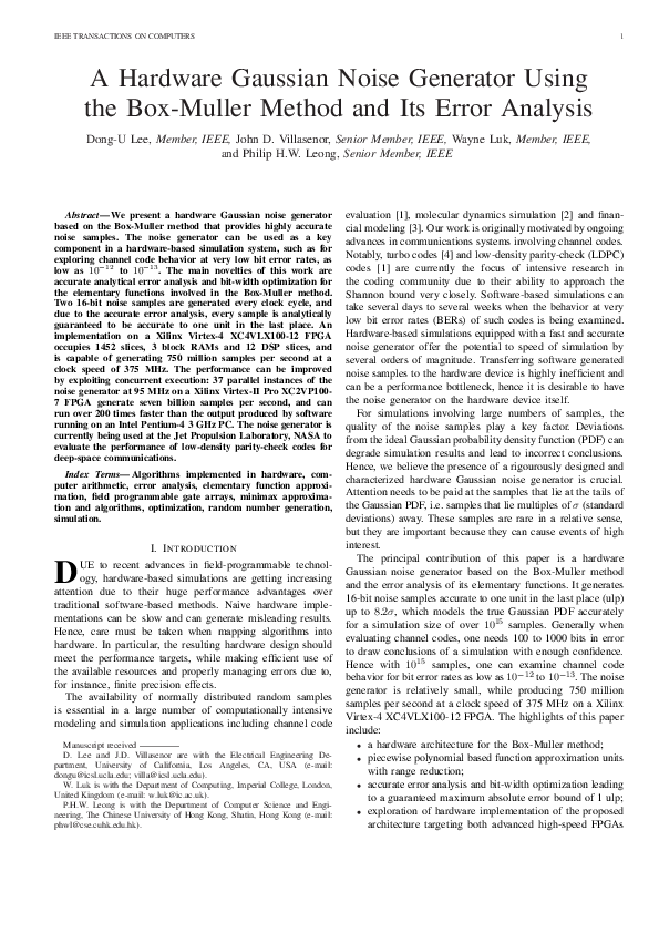 Pdf A Hardware Gaussian Noise Generator Using The Box Muller Method And Its Error Analysis