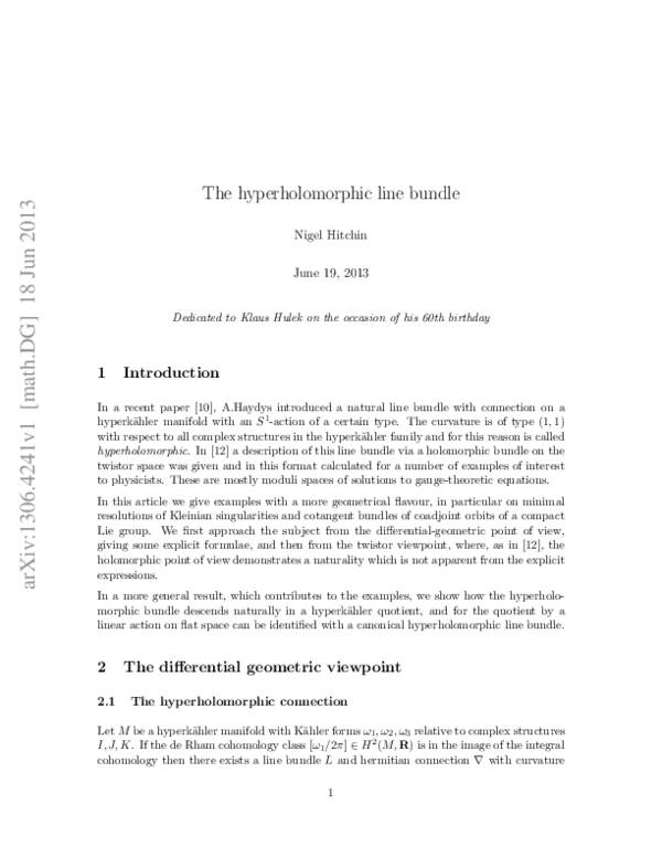 (PDF) The hyperholomorphic line bundle