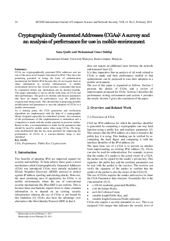(PDF) Cryptographically Generated Addresses (CGAs): A survey and an ...