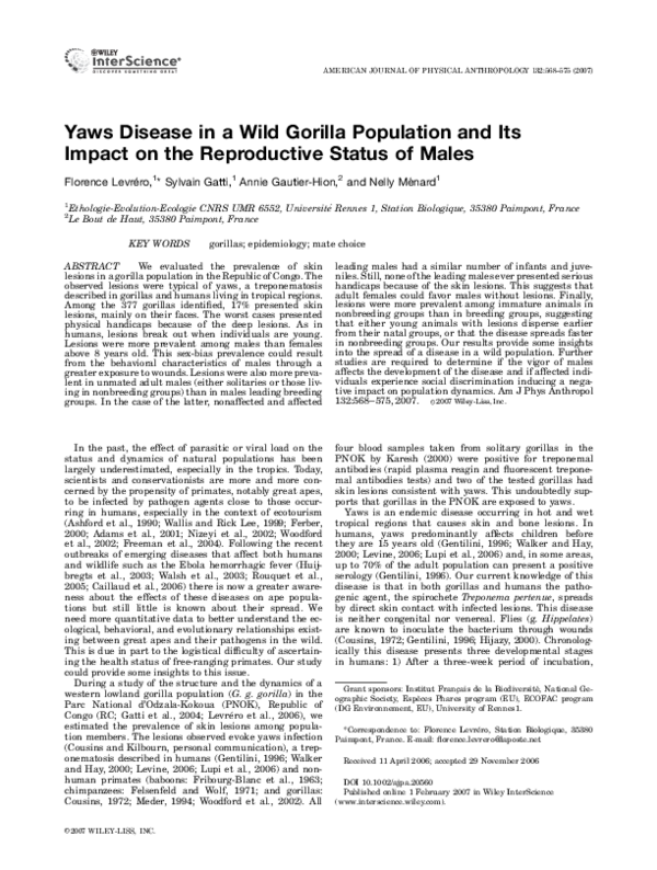 (PDF) Yaws disease in a wild gorilla population and its impact on the ...