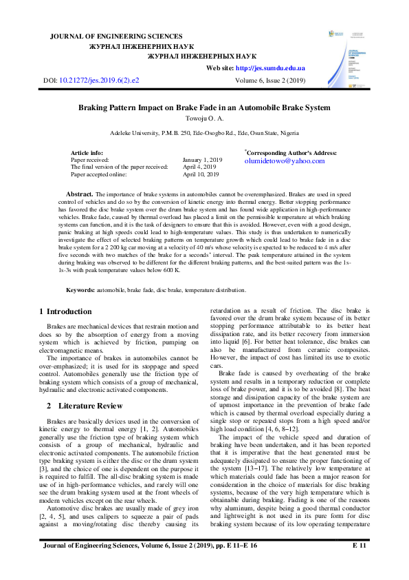 (PDF) Braking Pattern Impact on Brake Fade in an Automobile Brake System