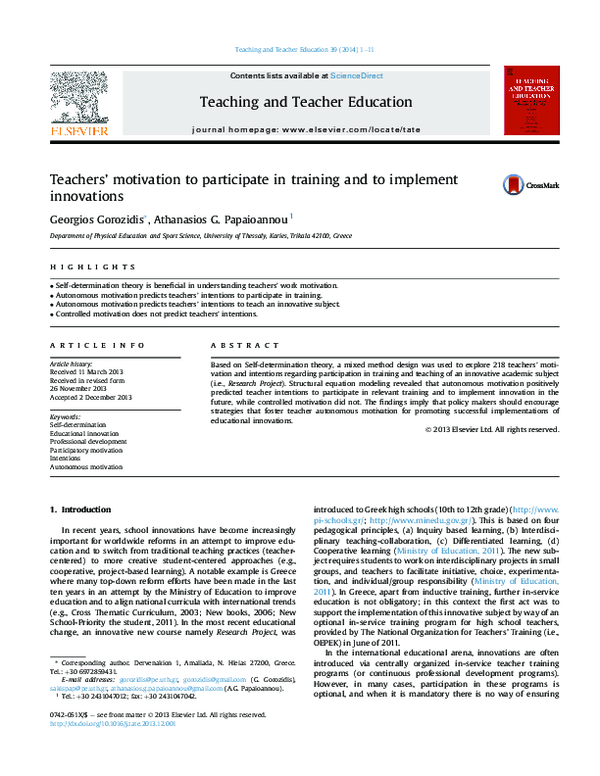(PDF) Teachers' motivation to participate in training and to implement ...